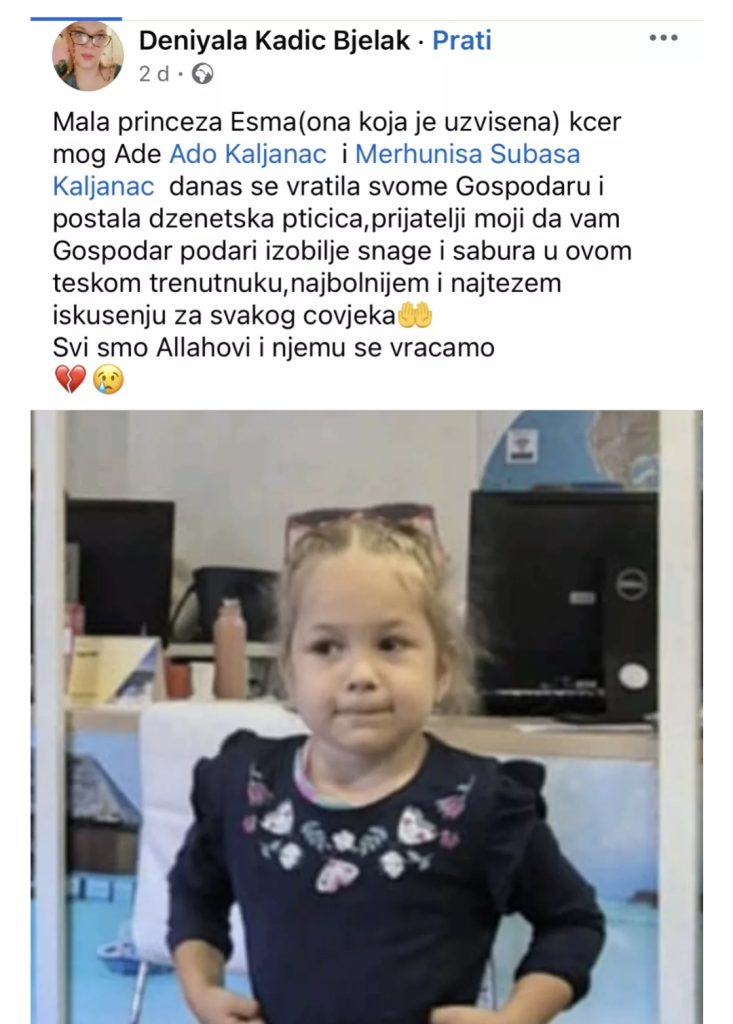 Tuga u BiH: Preminula petogodišnja Esma Kaljanac - Titox.net